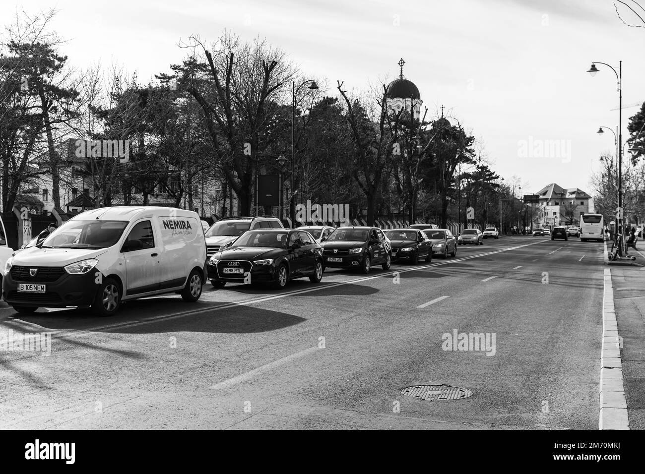 Car traffic, pollution, traffic jam city downtown Bucharest, Romania ...