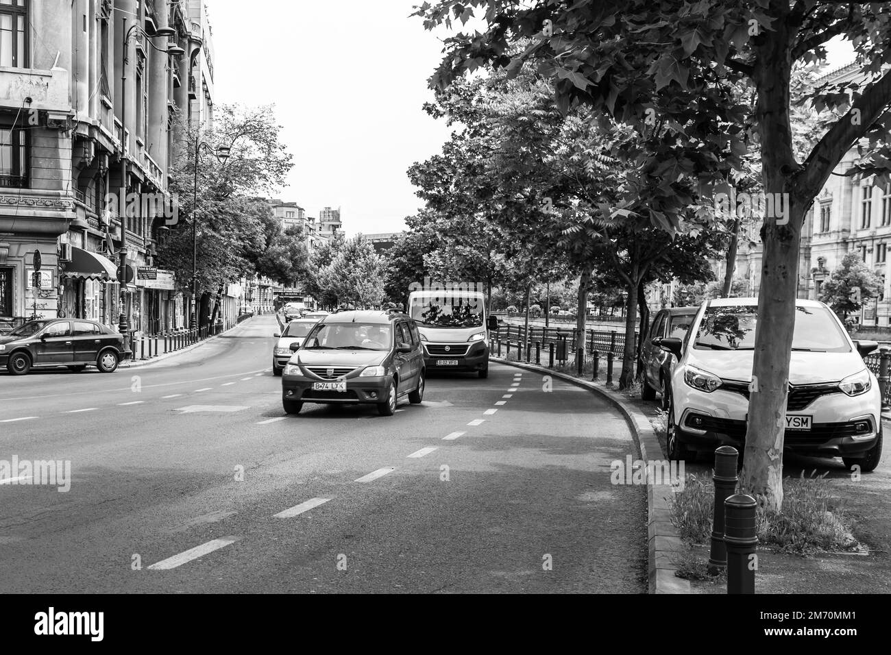 Car traffic, pollution, traffic jam city downtown Bucharest, Romania ...