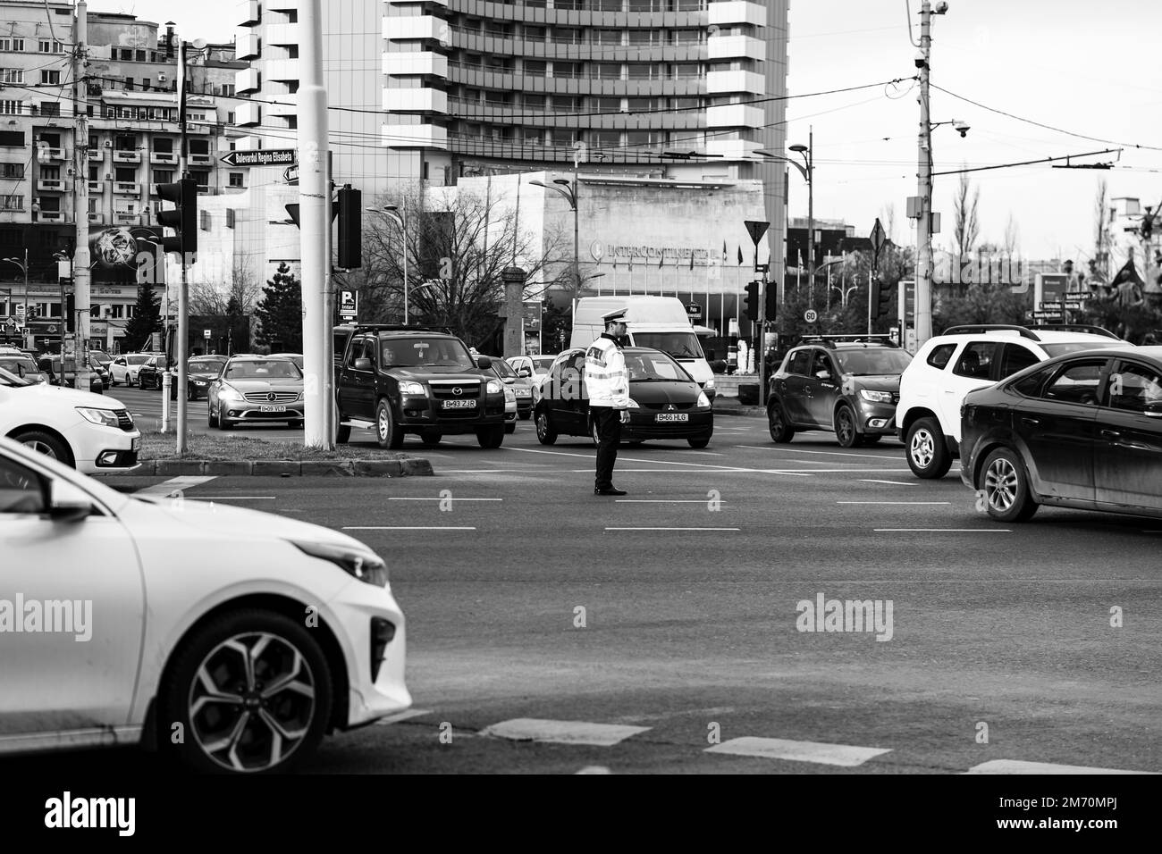 Car traffic, pollution, traffic jam city downtown Bucharest, Romania ...