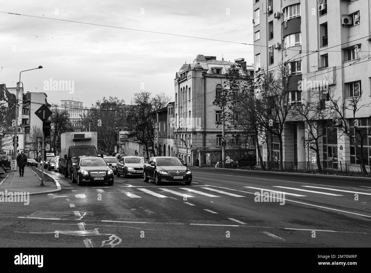Car traffic, pollution, traffic jam city downtown Bucharest, Romania ...