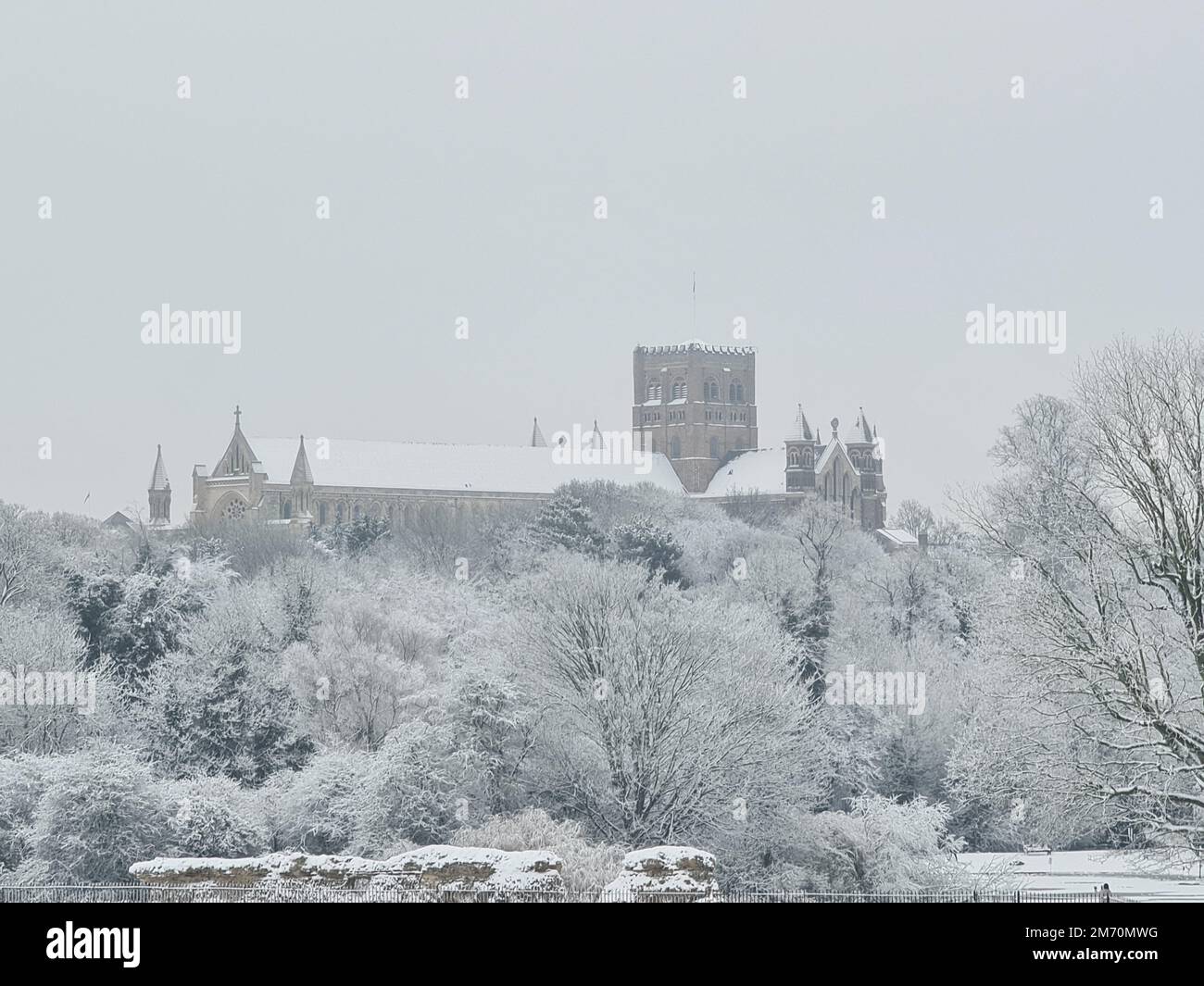 A view of the Cathedral & Abbey Church of Saint Alban during a snowy ...