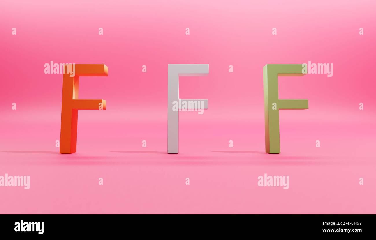 Three F letters in red, white, and golden colors on the pink background ...