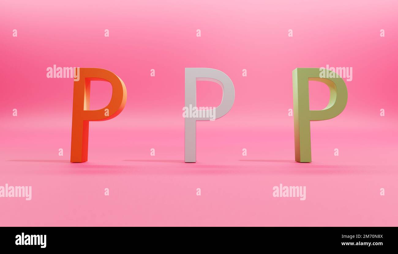 Three P letters in red, white, and golden colors on the pink background ...