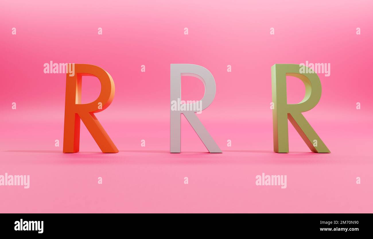 Three R letters in red, white, and golden colors on the pink background ...