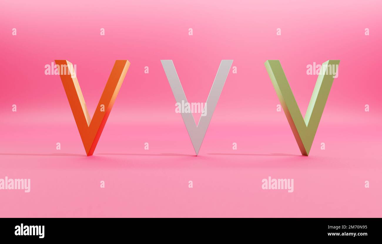 Three V letters in red, white, and golden colors on the pink background ...