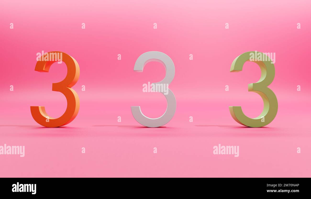 Three 3 numbers in red, white, and golden colors on the pink background ...