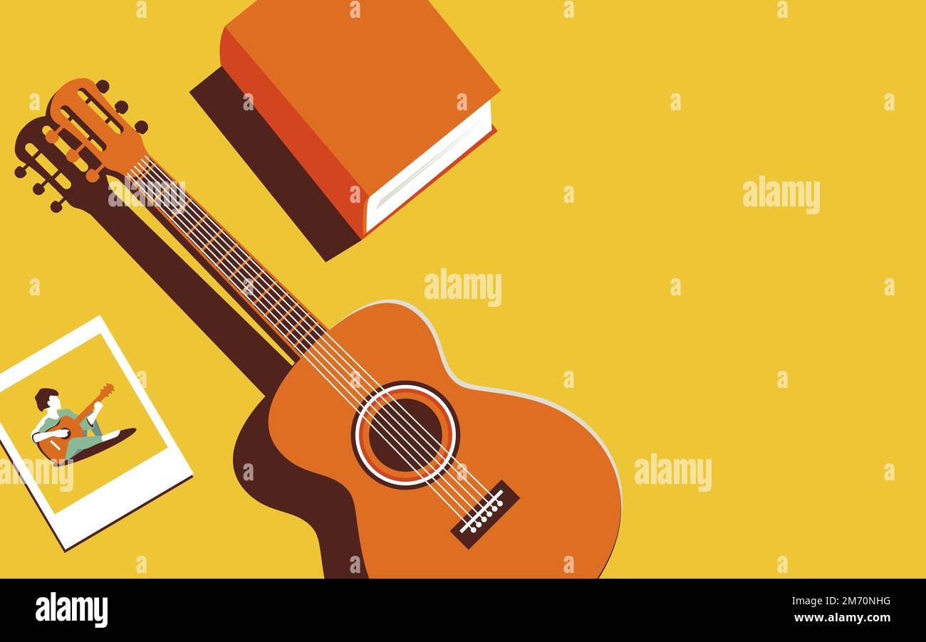 Vector illustration of a guitar and other items on a yellow background ...