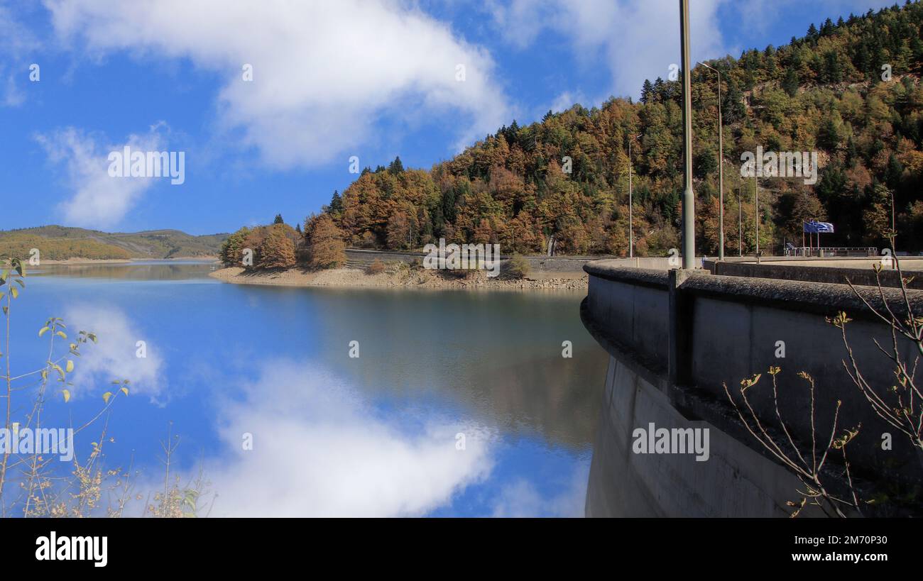 Dam of Plastira Lake, Autumn and reflections of clouds, Karditsa ...
