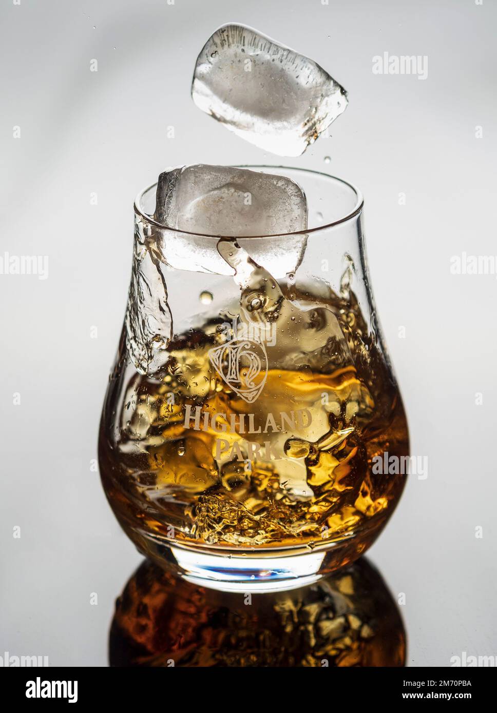 Highland Park single malt Scotch whisky in a branded whisky tumbler ...