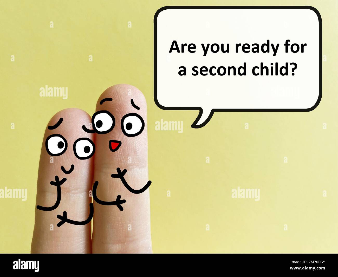 Two fingers are decorated as two person. One of them is asking another ...