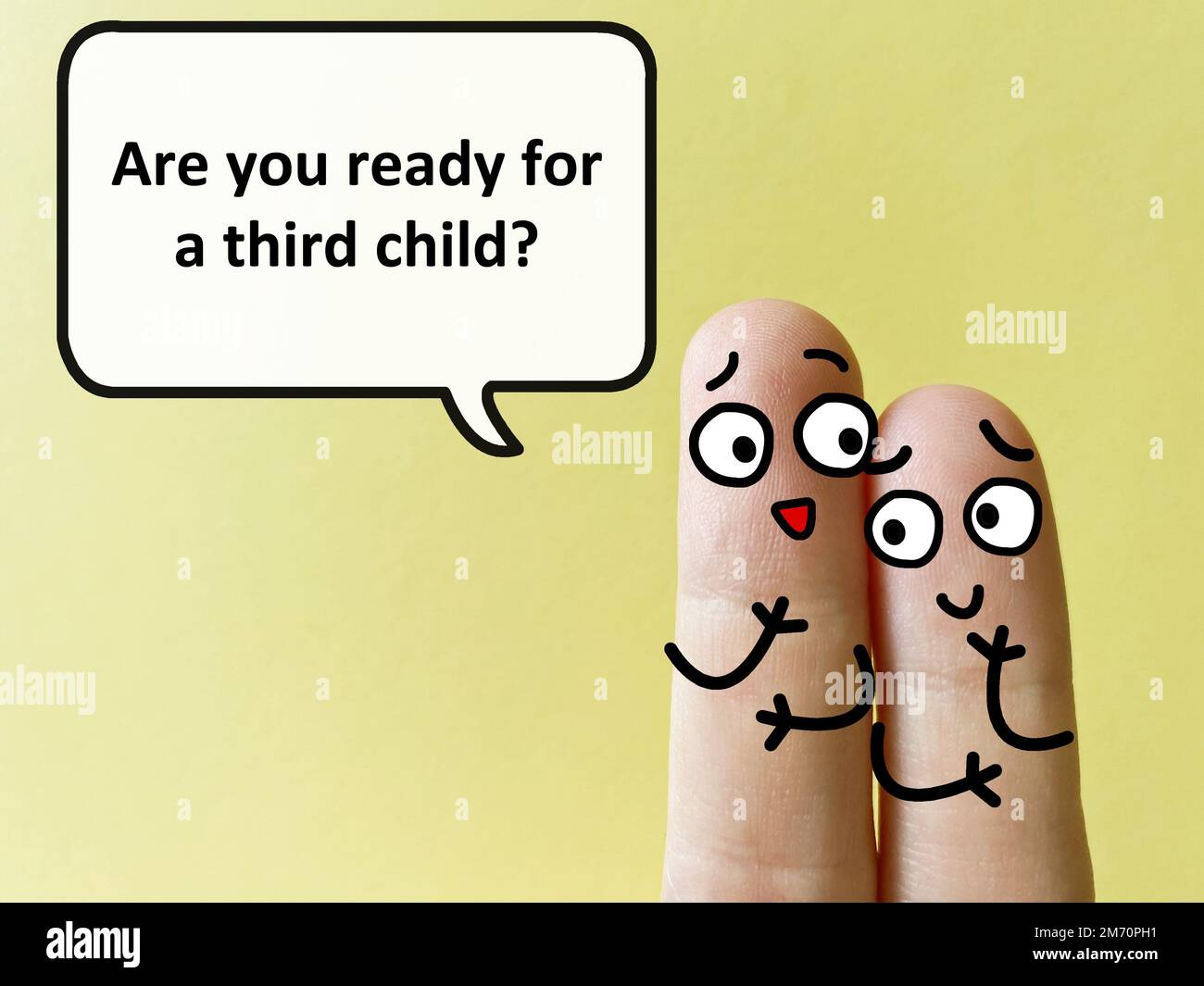 Two fingers are decorated as two person. One of them is asking another ...