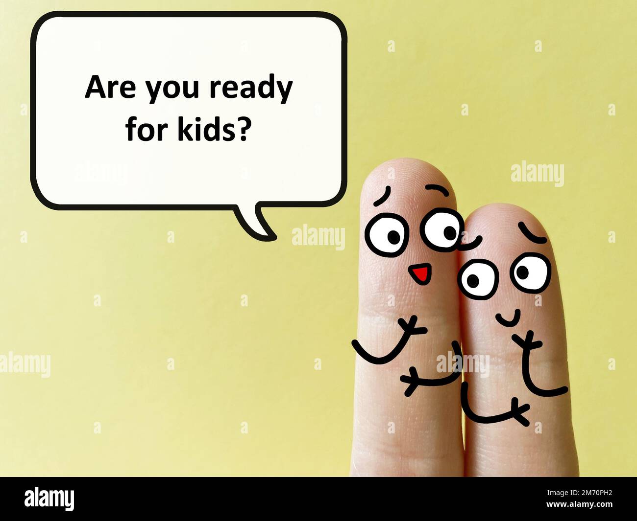 Two fingers are decorated as two person. One of them is asking another ...