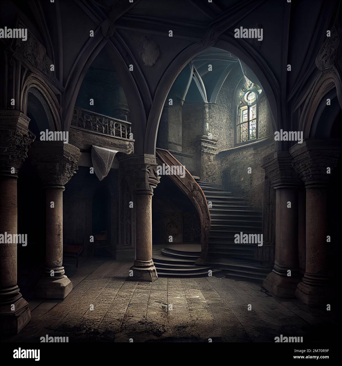 fantasy interior of medieval castle with stairs and arches enchantingly ...