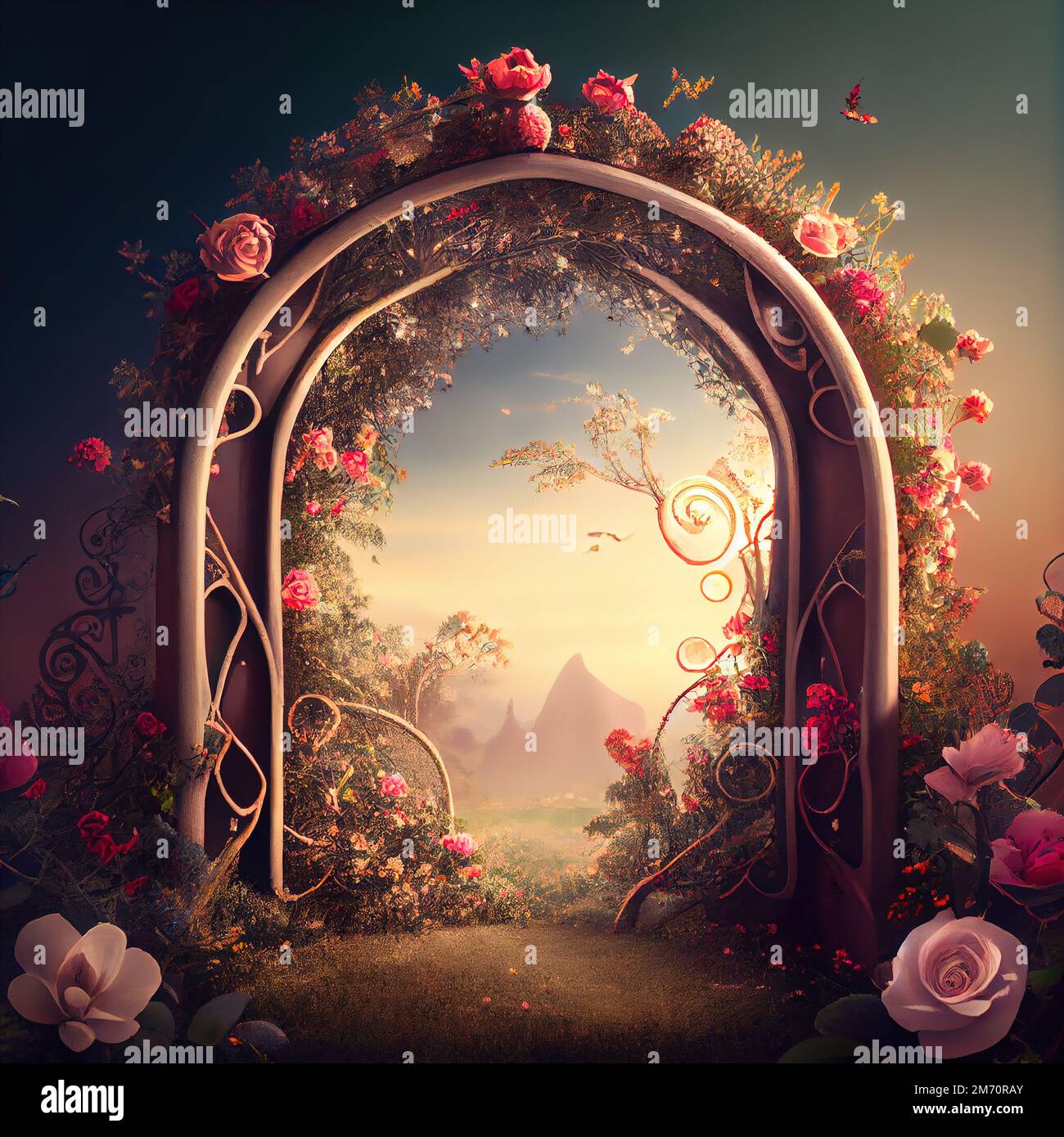 enchanted fairy tale arch with flowers of many colors branches and ...