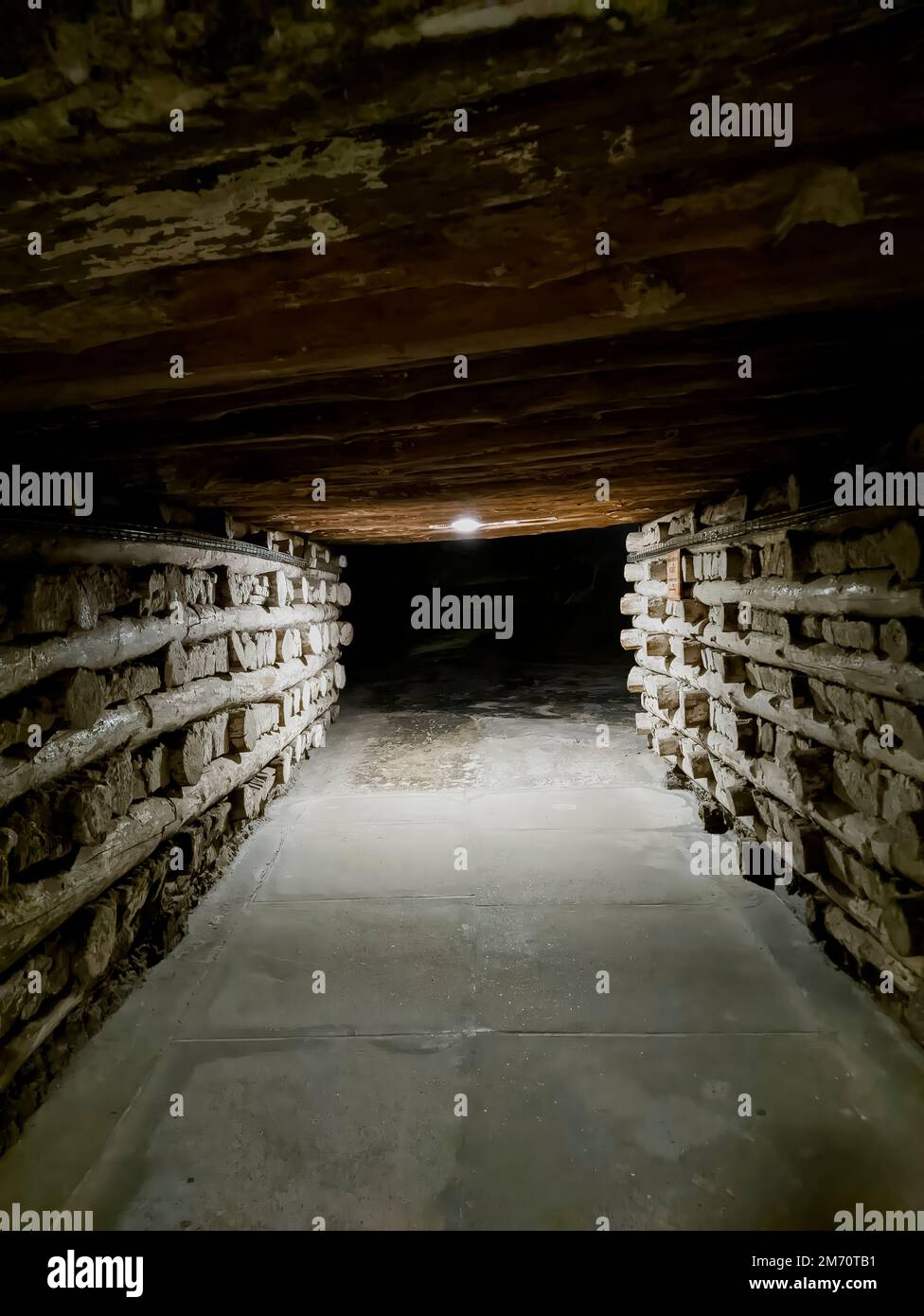 Old corridor - Wieliczka Salt Mine. The walls and ceiling are ...
