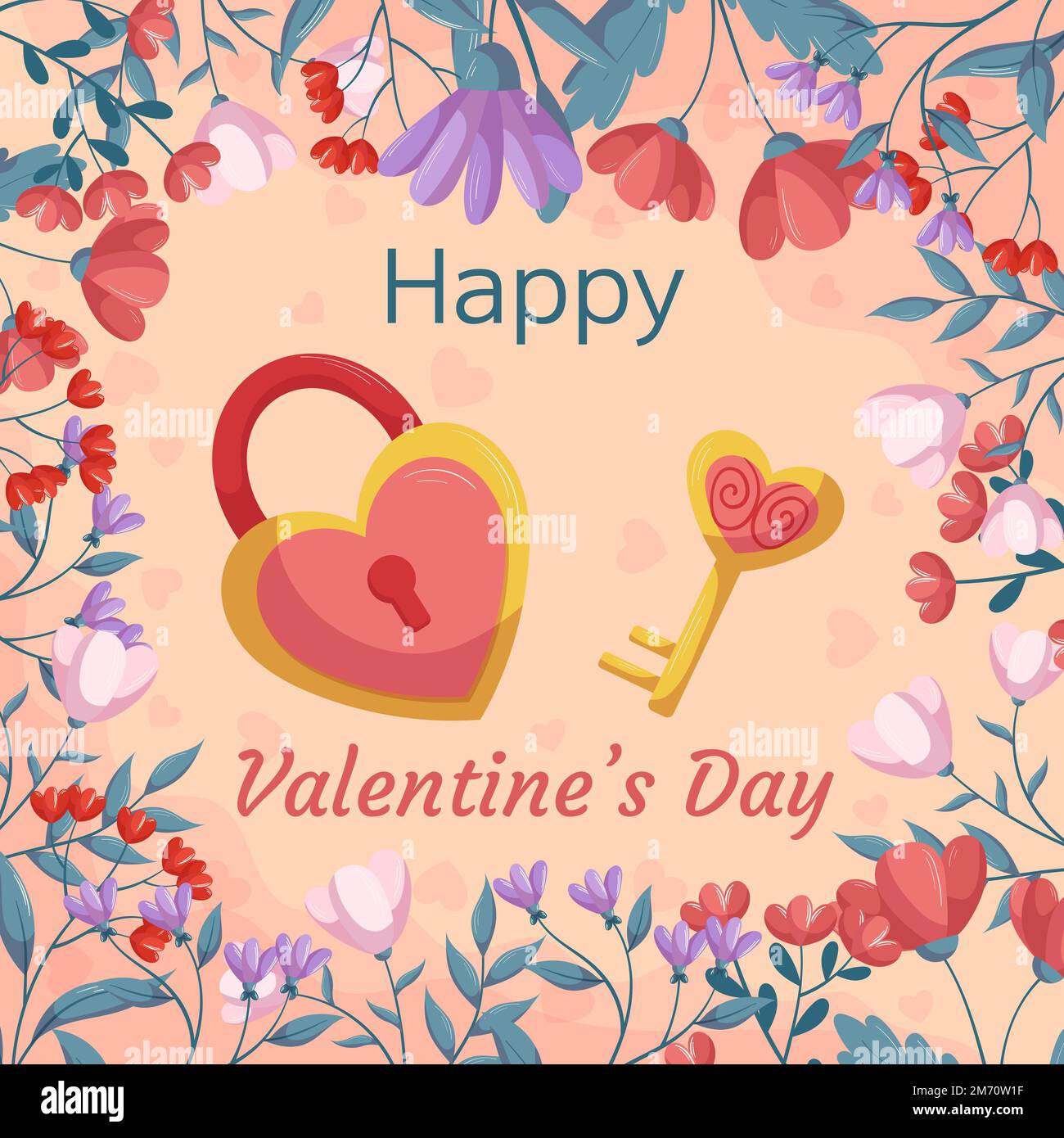 St. Valentines Day design with Lock and key in heart shape, gold and ...