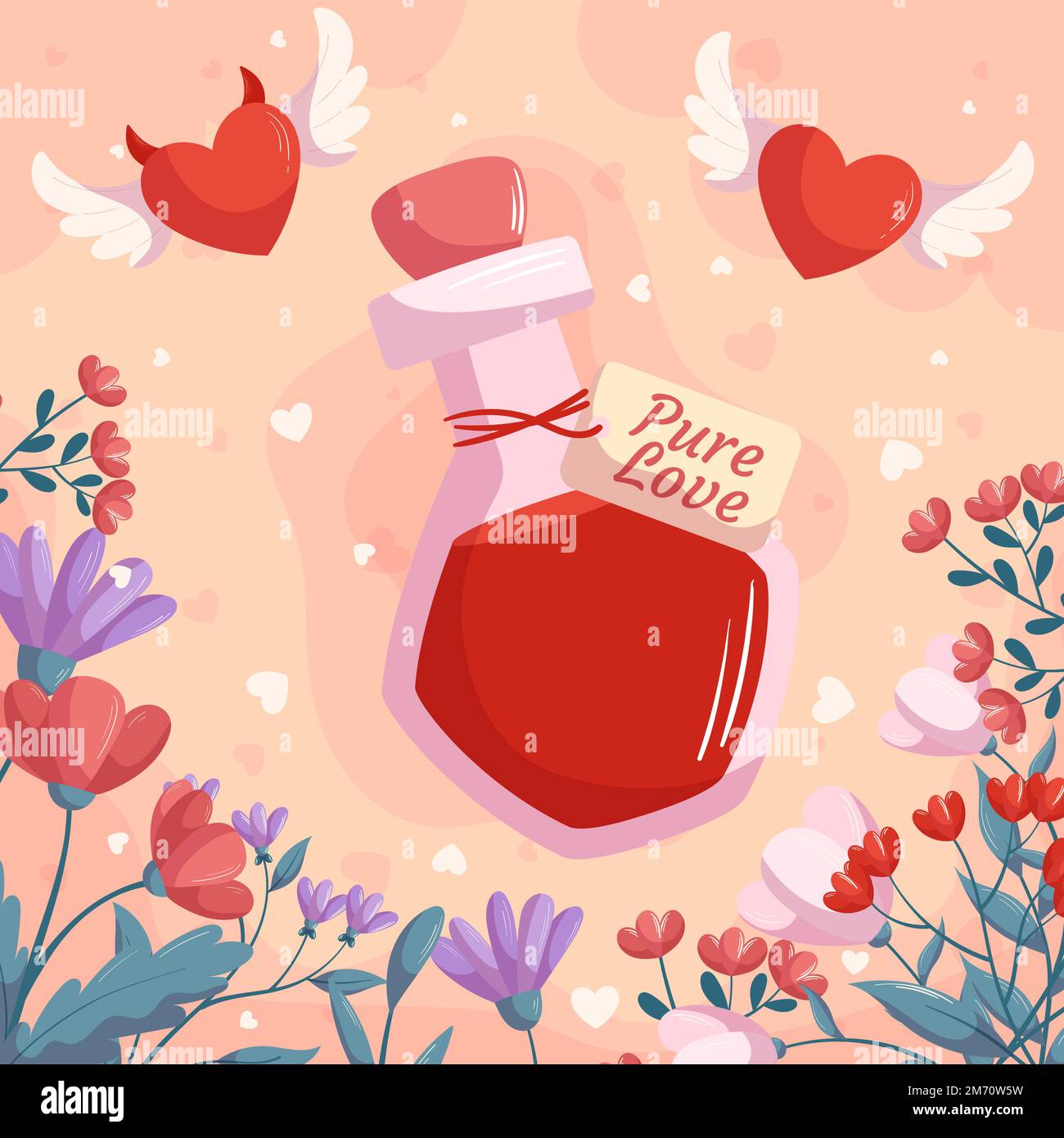 St. Valentines Day design with Love potion bottle two heart with wings ...