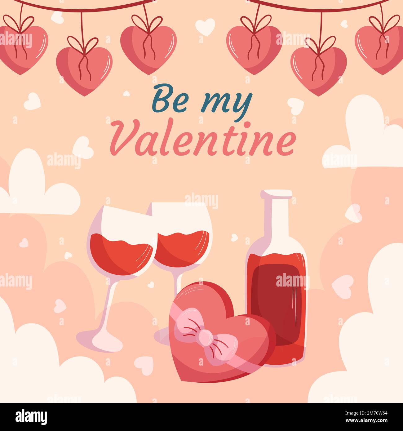 St. Valentines Day design with Bottle and two glass of wine, box with ...