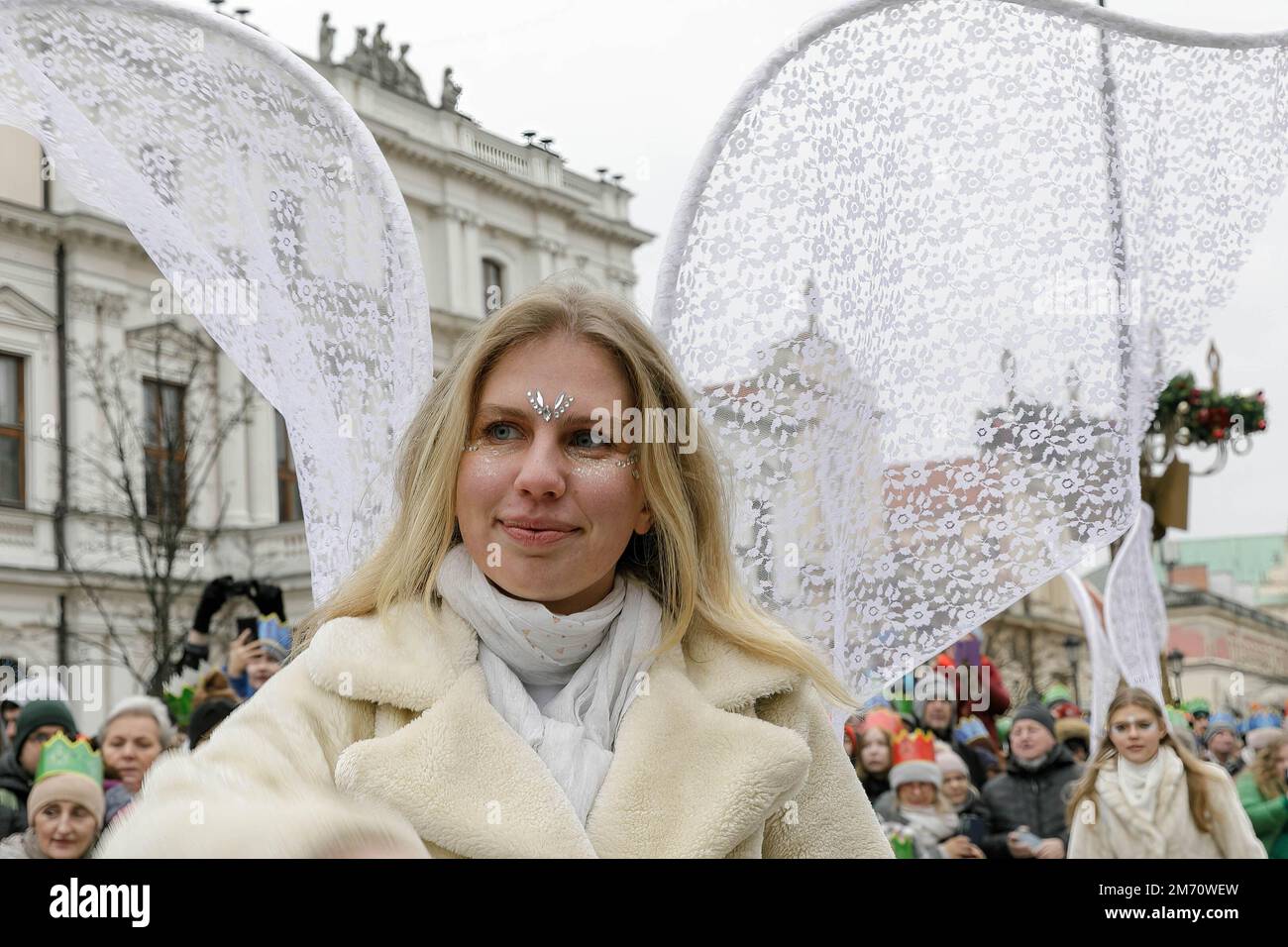 Warsaw, Poland. 06th Jan, 2023. A woman with festive make-up ...