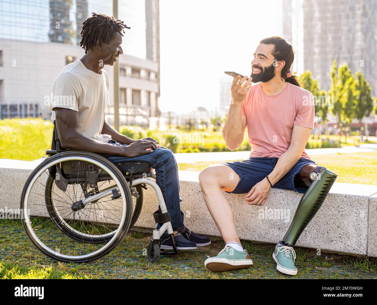 Multiracial people meeting outdoor, happy friends with disability ...
