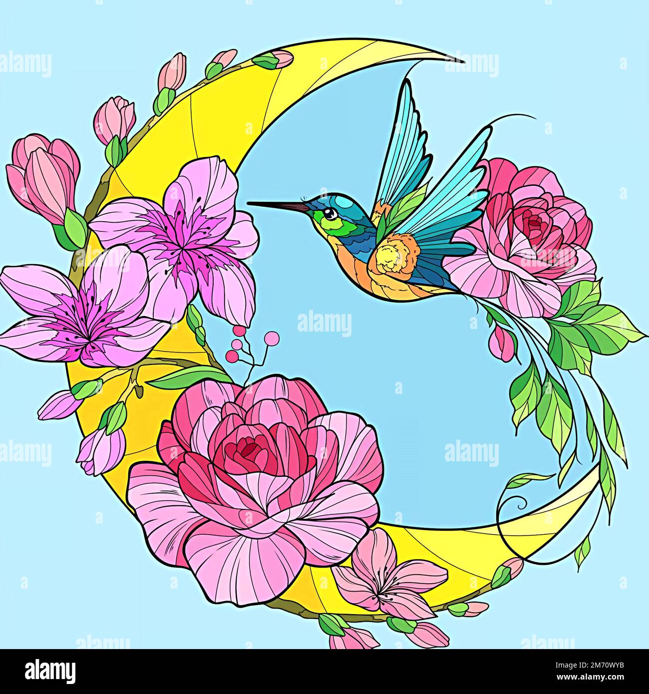 illustration of a hummingbird, flower and crescent moon Stock Photo - Alamy