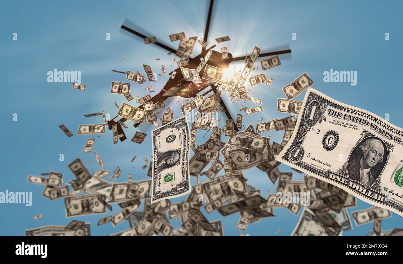 Dollar banknotes helicopter money dropping. USA one USD notes abstract ...