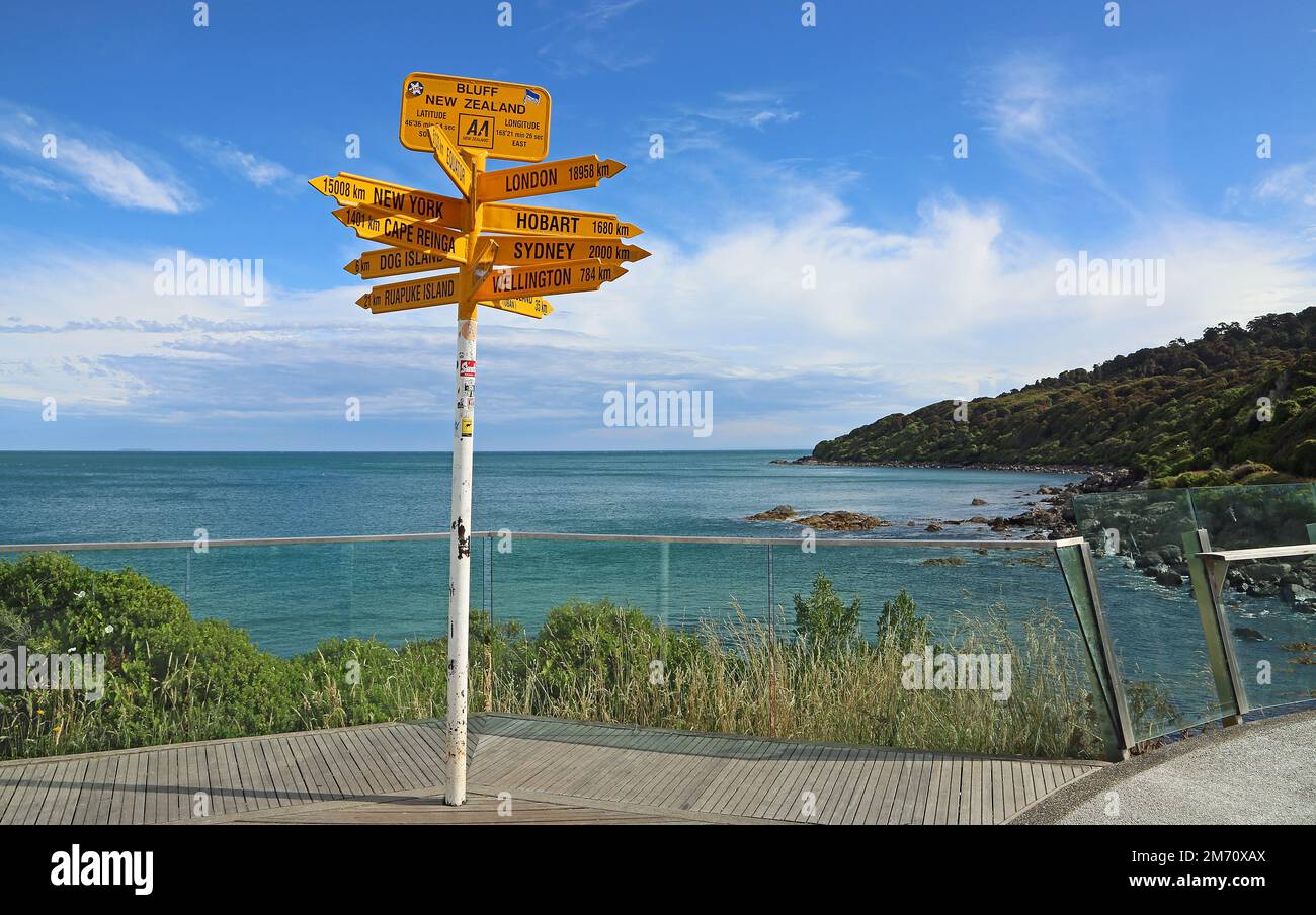 Signpost and Stirling Point, New Zealand Stock Photo - Alamy