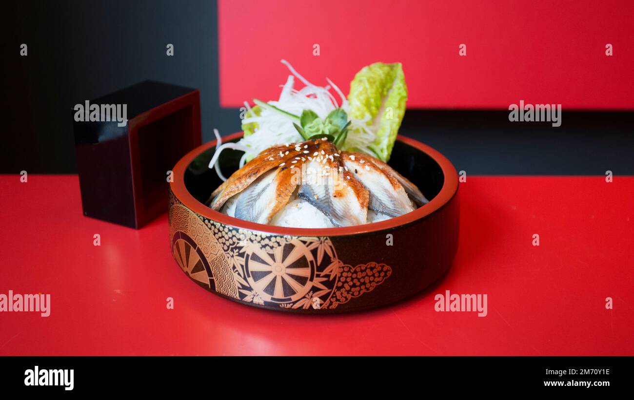 Donburi Eel. Sushi rice combination with smoked eel fish Stock Photo ...
