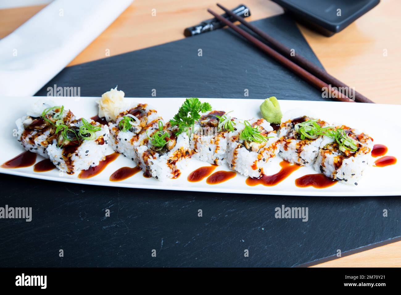 Uramaki eel. Sushi rice combination with smoked eel fish Stock Photo ...