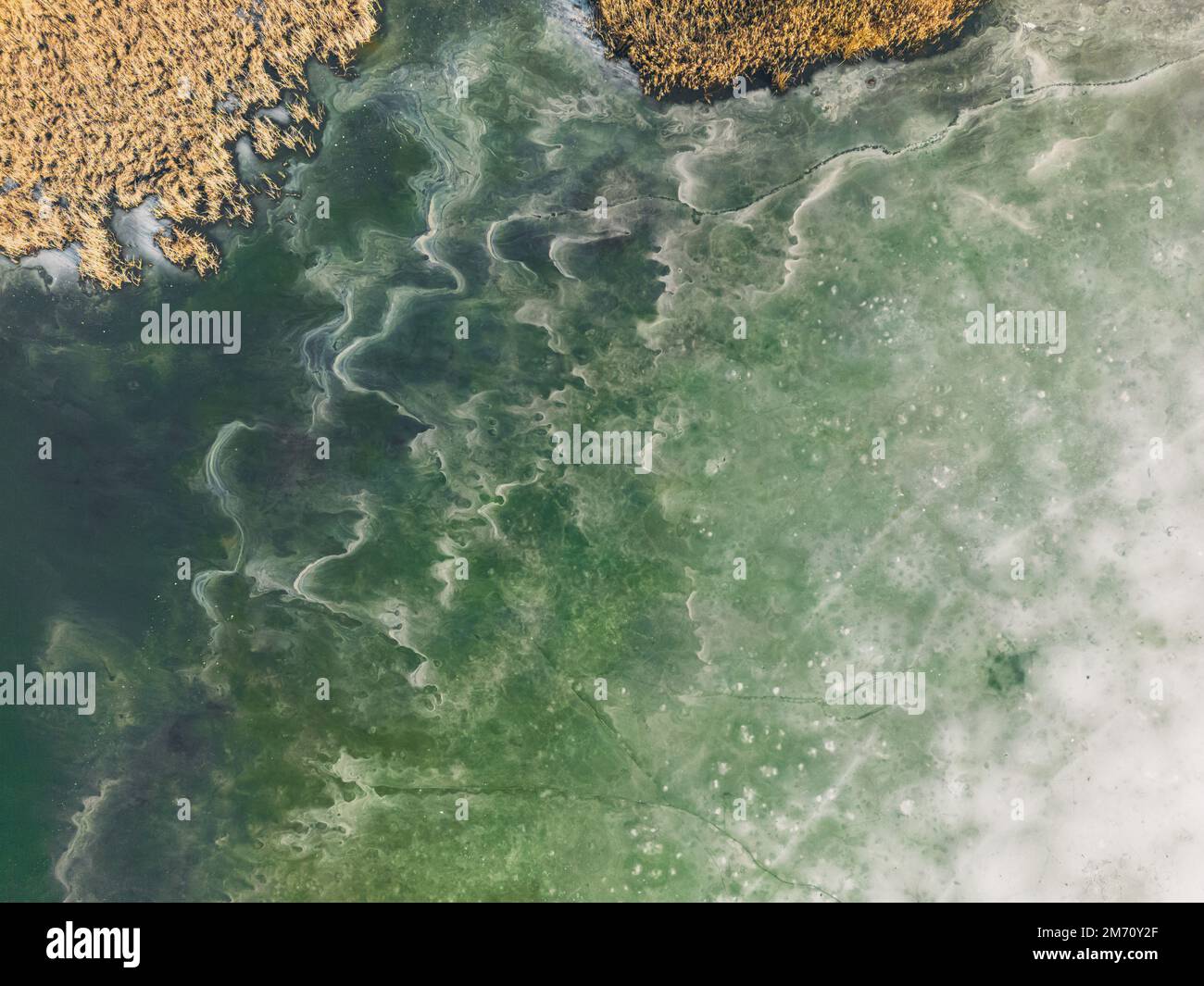 Aerial view of a frozen lake. Ice sheet background. Frozen waves on the ...
