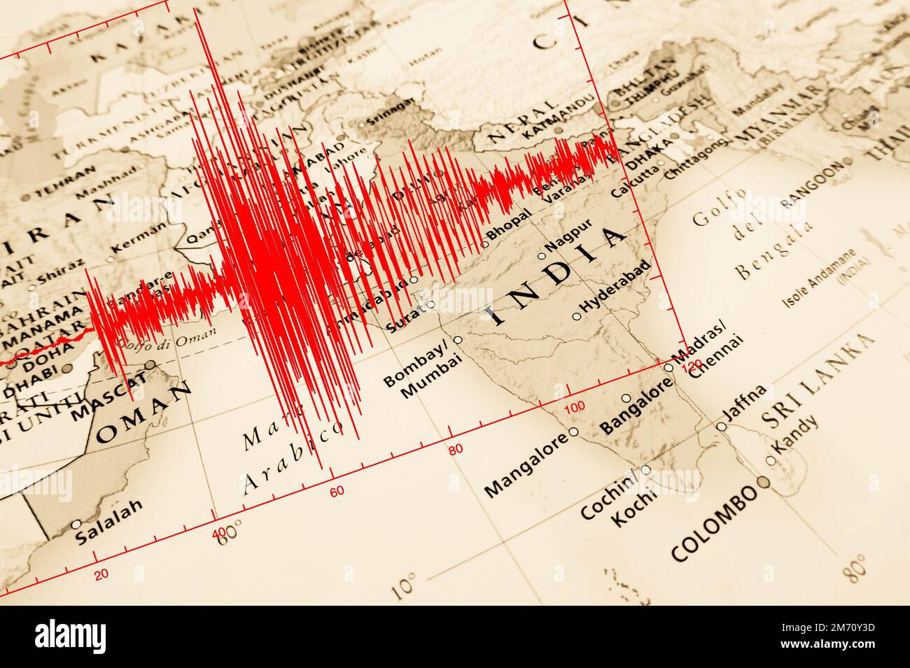 Red seismic wave over India geographical view Stock Photo - Alamy