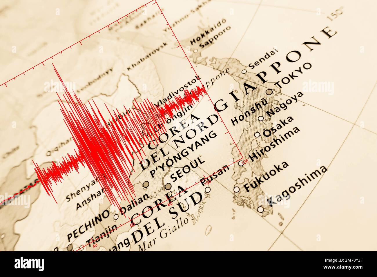Red seismic wave over Japan and Korea geographical view Stock Photo - Alamy