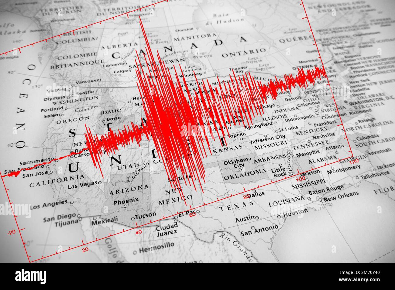 Red seismic wave over United States map, black and white effect Stock ...