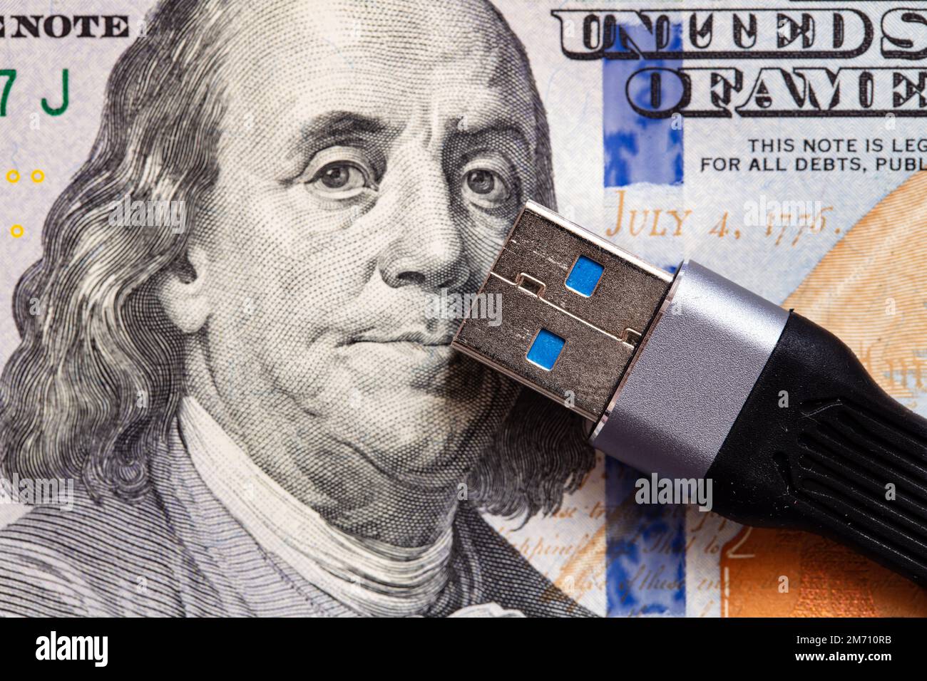 100 dollar banknote with black USB Type-C cord for design purpose Stock ...
