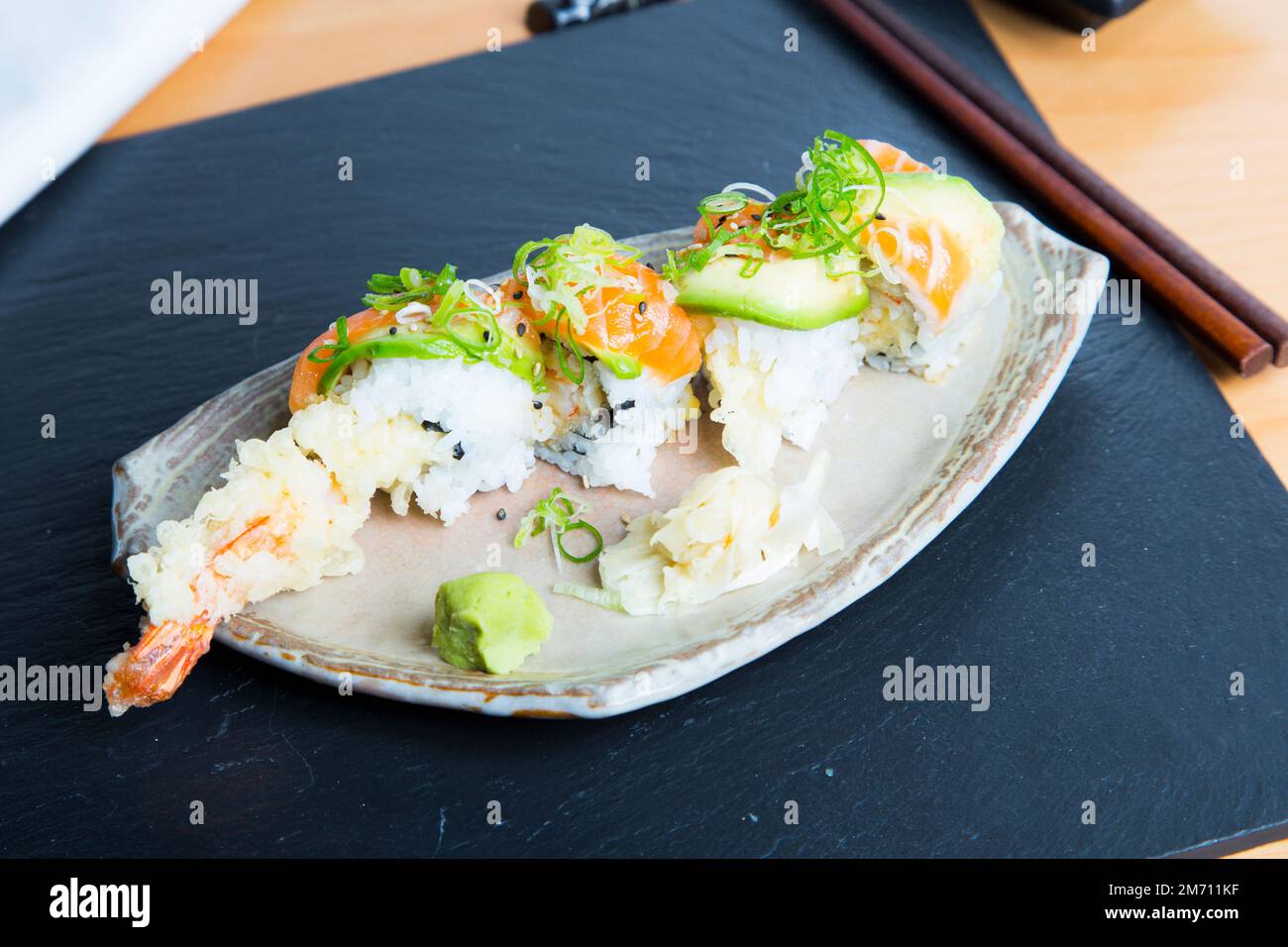 Ebi Uramaki Sushi. Sushi rice combined with premium prawns Stock Photo ...