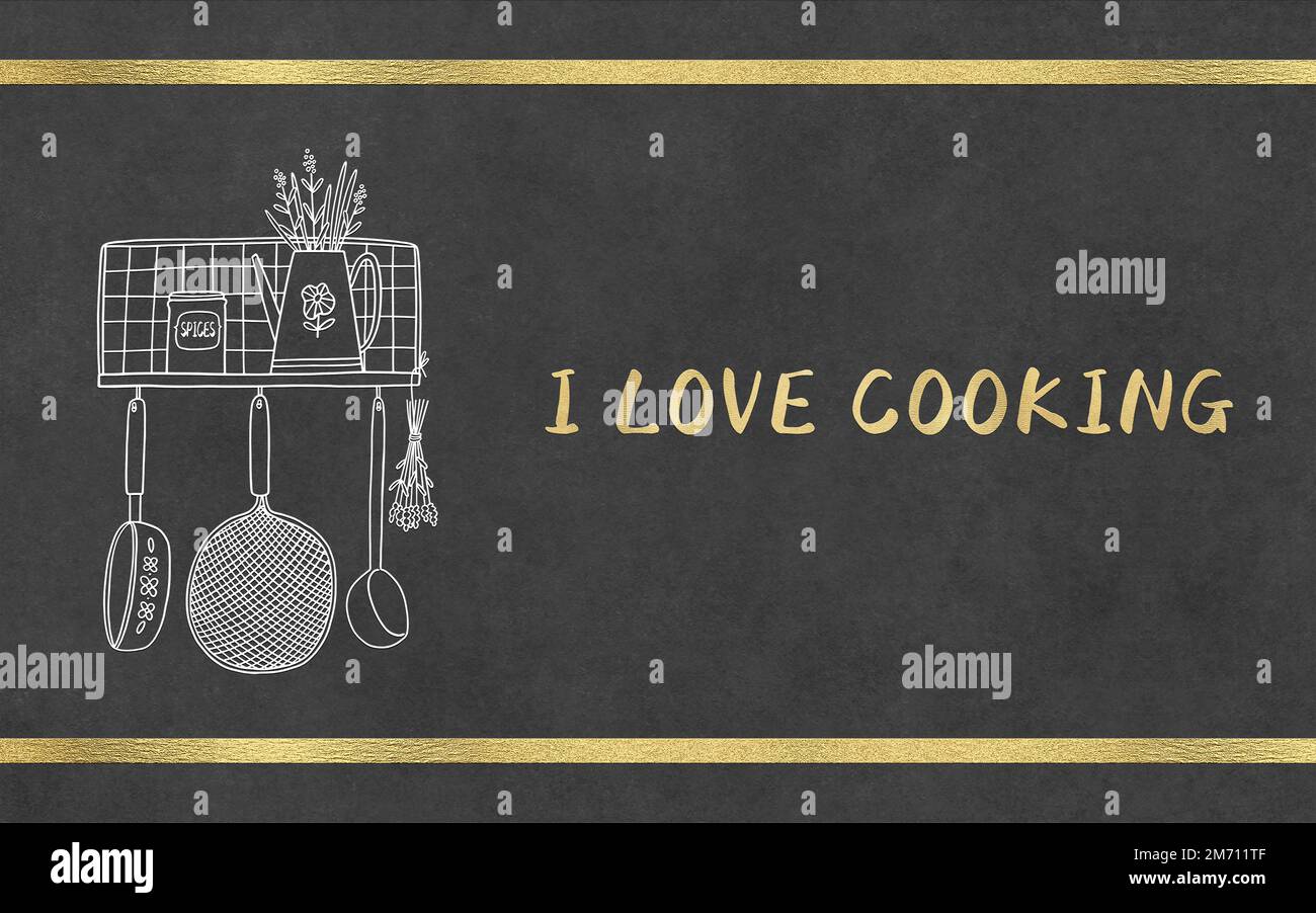 A digital illustration of a cooking poster with different utensils ...