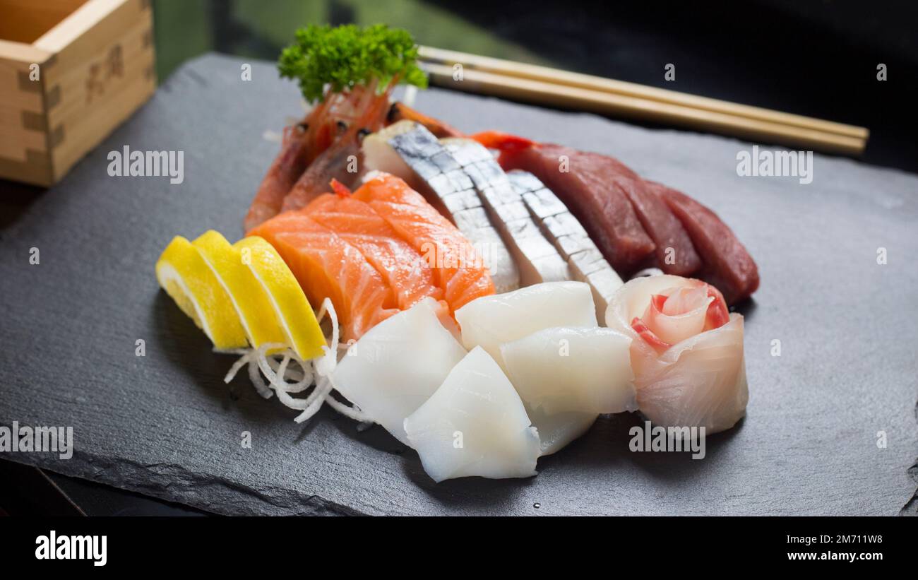 Sashimi Sushii Set with different kinds of fish like tuna and salmon ...