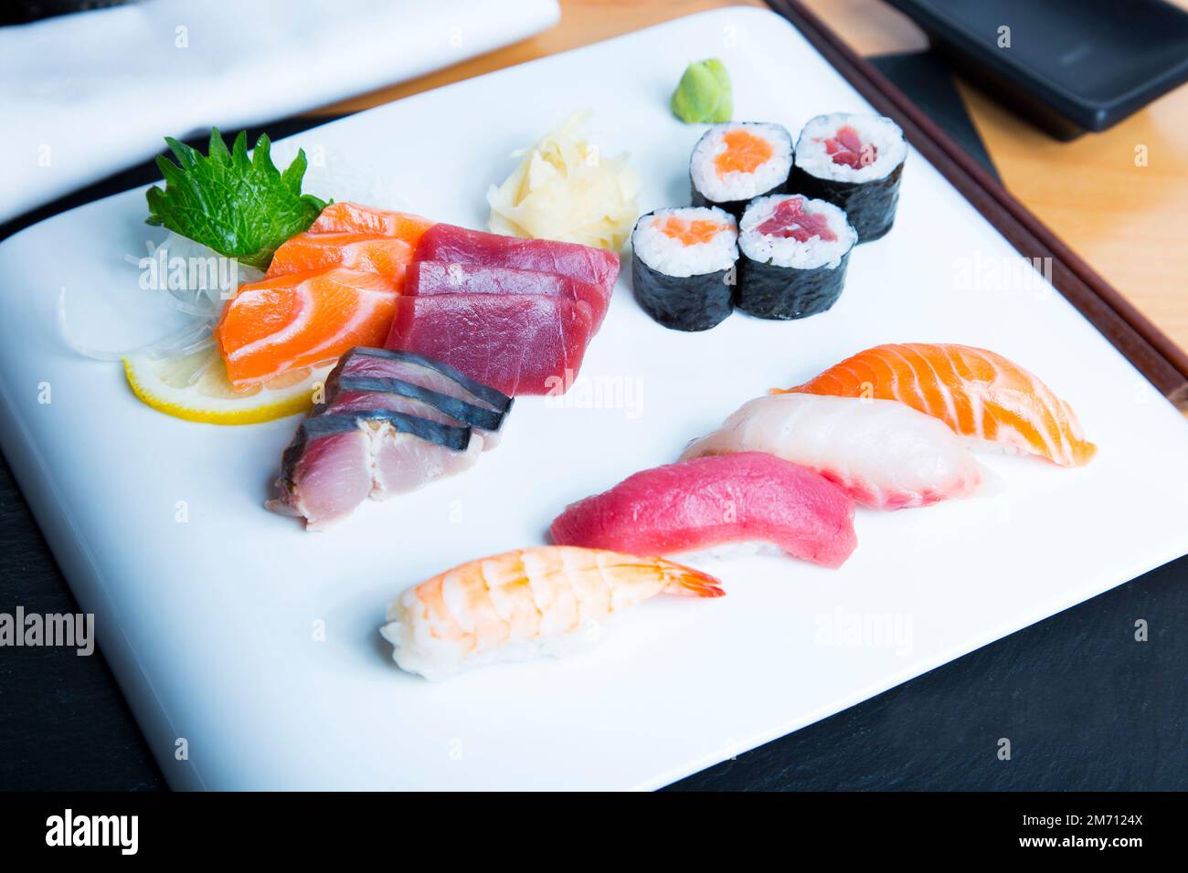 Set of sushi with variety of makis, nigiris and sashimi with fine fish ...