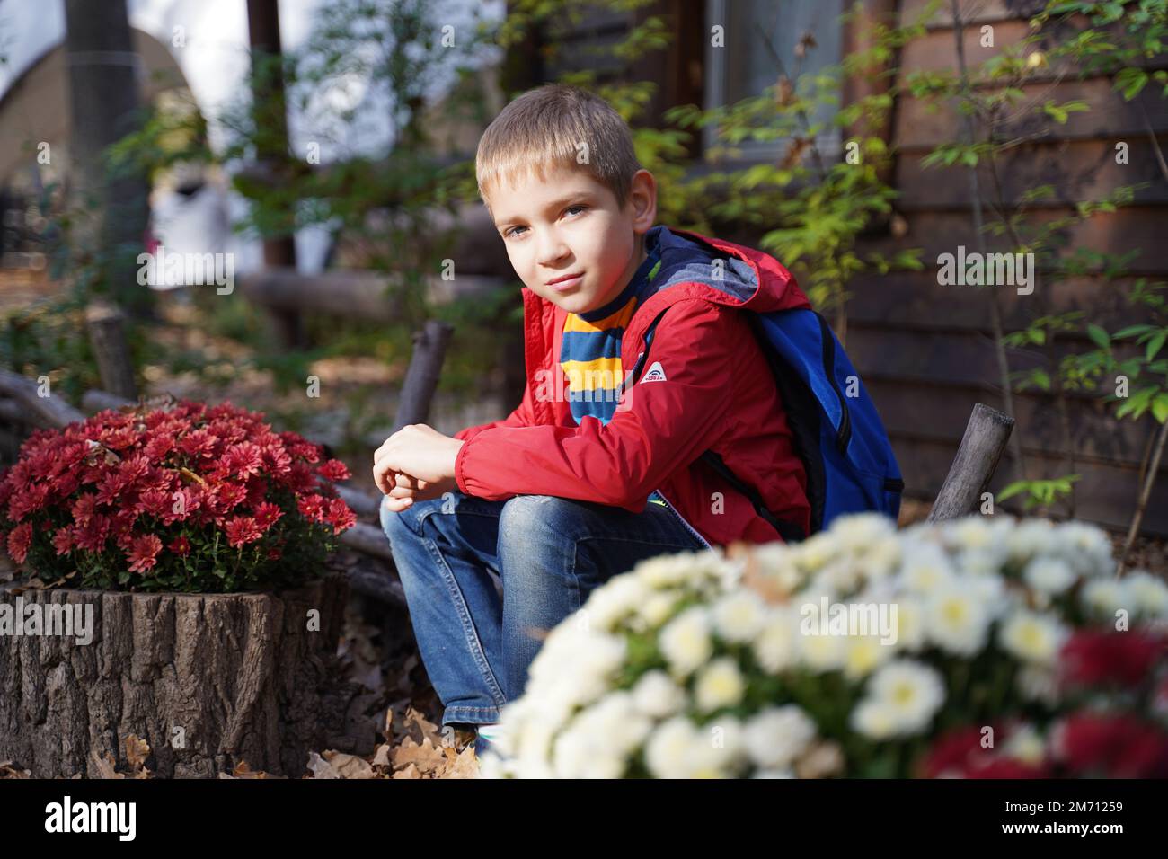 A cute guy sits in a park surrounded by bouquets of white and red ...