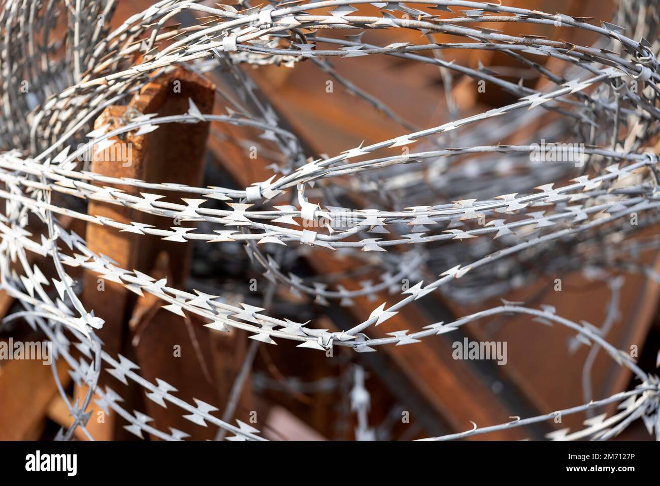 Barbed wire stretched over anti-tank hedgehogs. Fortified defense line ...