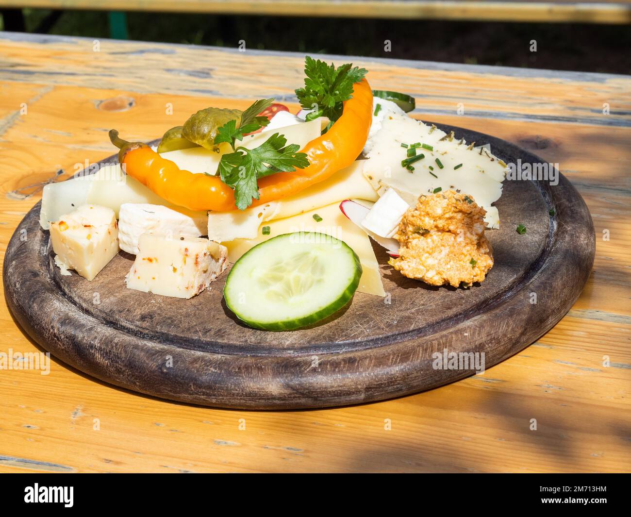 Appetisingly arranged cheese platter, Gailtal Alps, Carinthia Stock ...