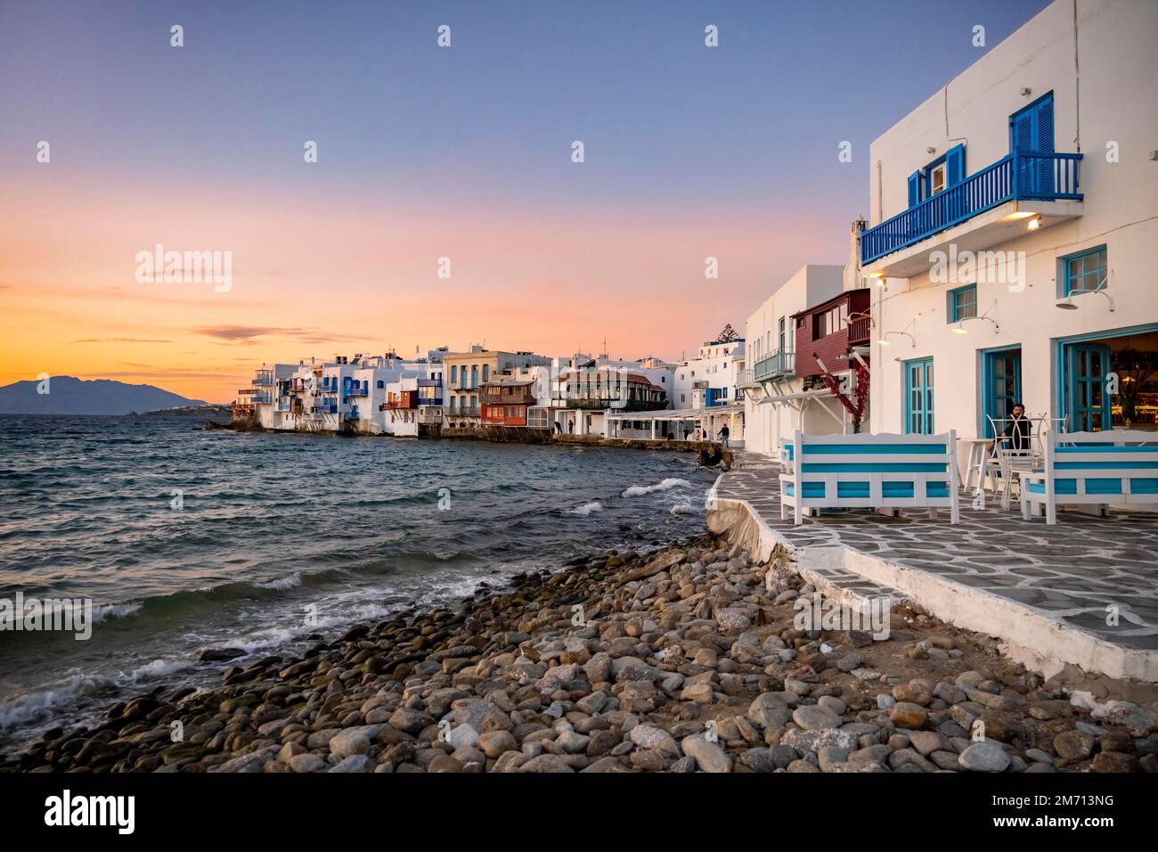 White Cycladic houses on the shore, Little Venice at sunset, Chora ...