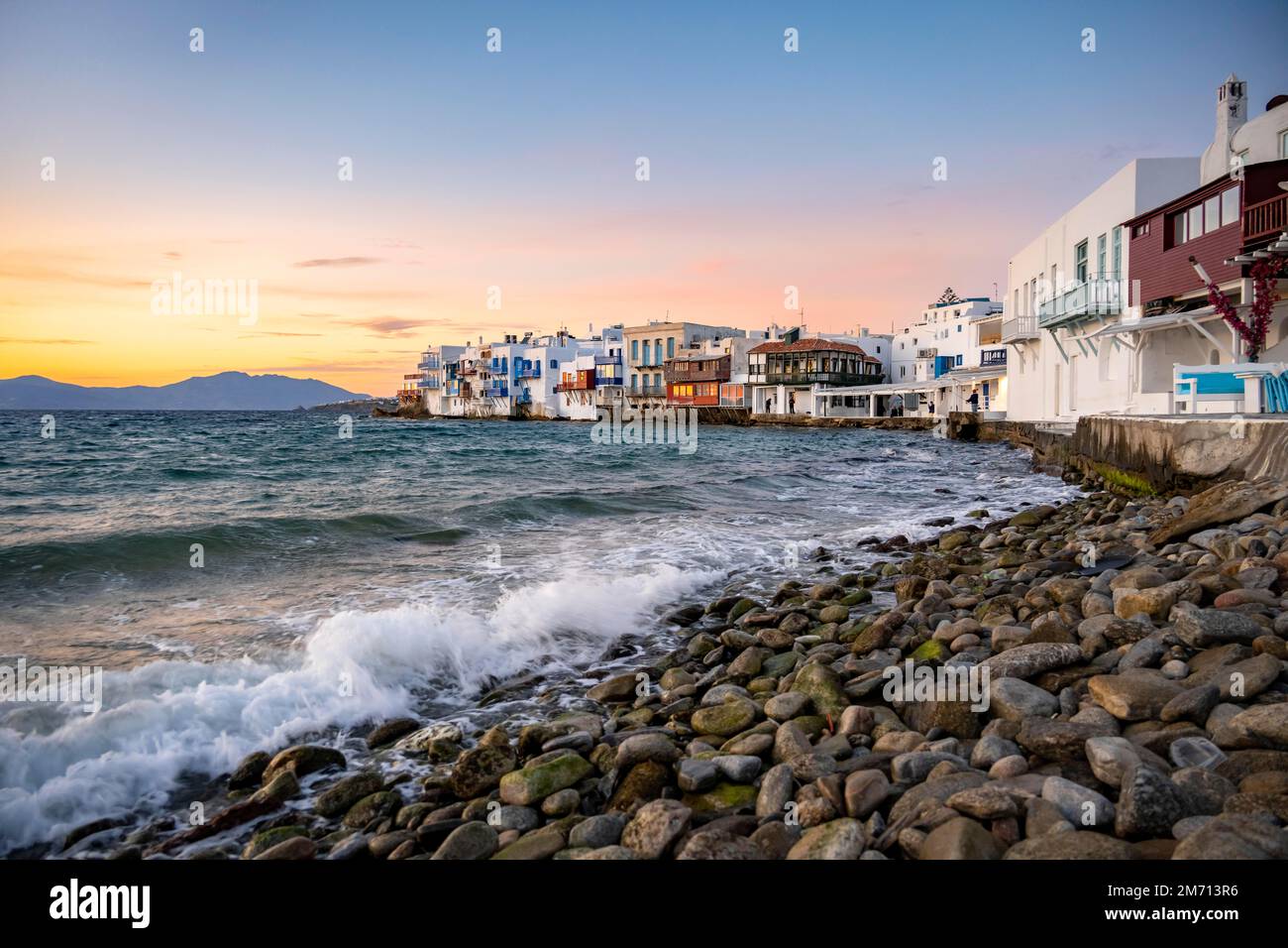 White Cycladic houses on the shore, Little Venice at sunset, Chora ...