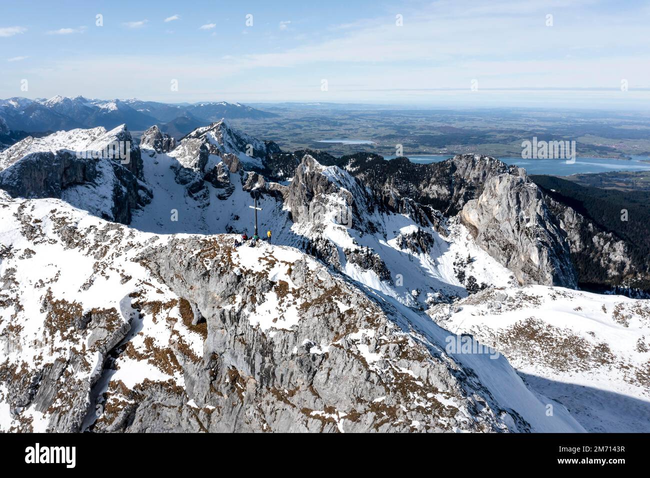 Alpine panorama, aerial view, snow-covered mountains in winter, summit ...