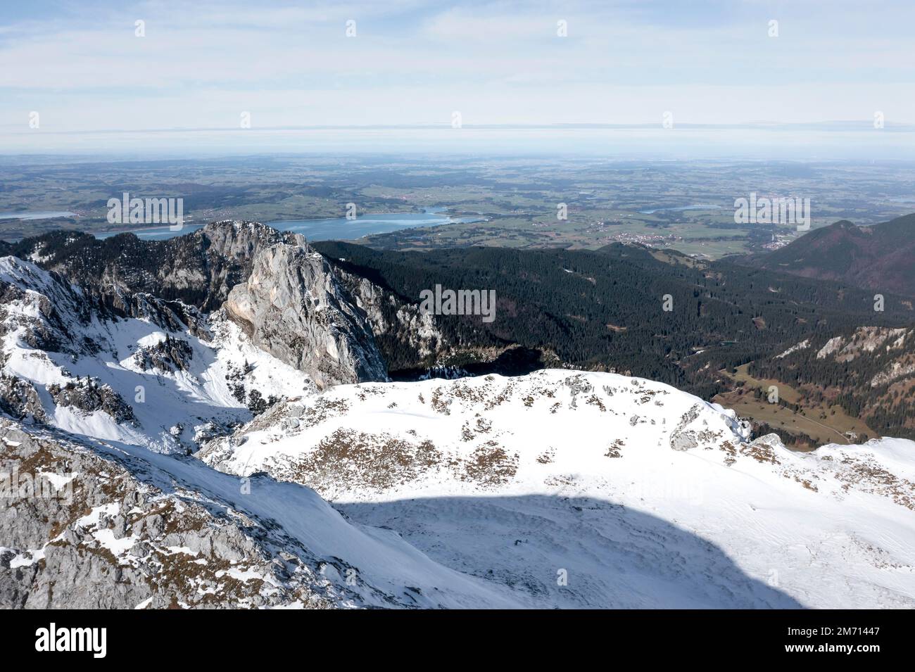 Alpine panorama, aerial view, snow-covered mountains in winter ...