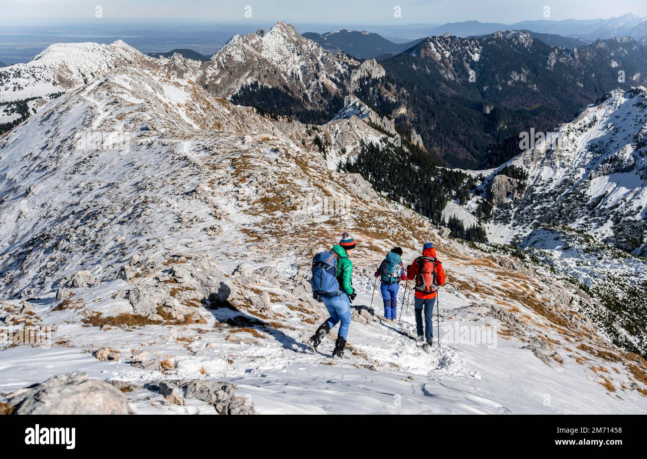 Mountaineers in winter, hiking to the Ammergauer Hochplatte in the ...