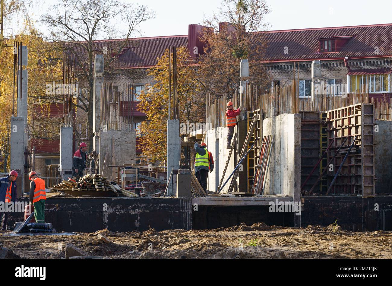 Bobruisk, Belarus, October 18, 2022: Workers work at the construction ...