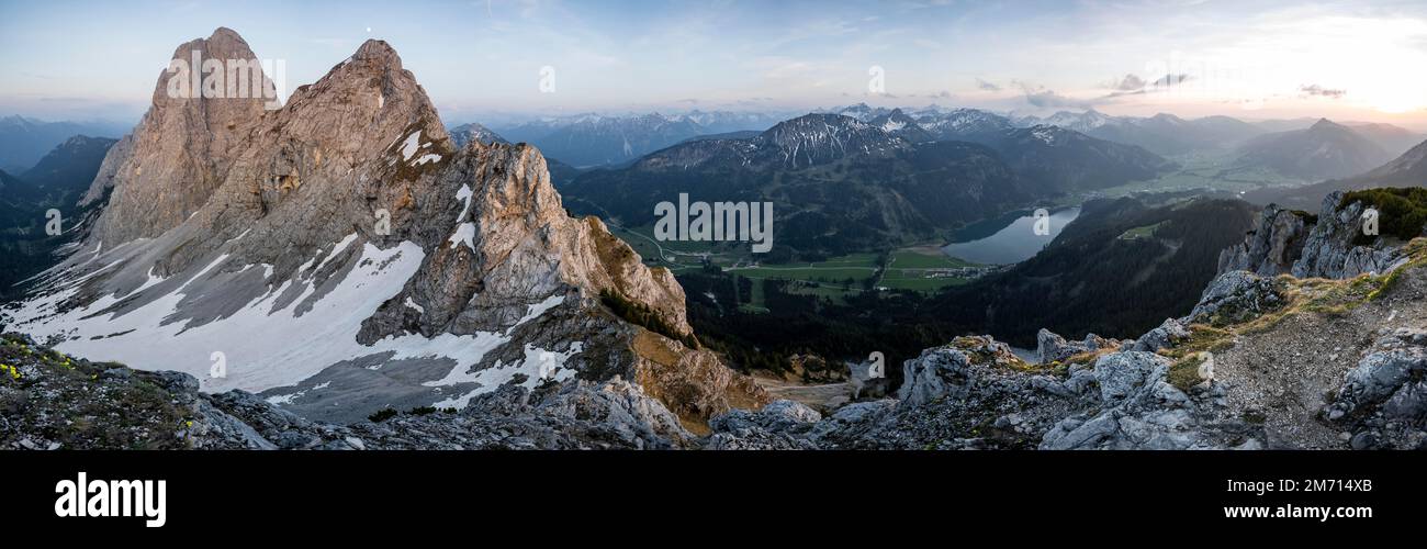 Evening atmosphere, Haldensee and summits of the Gimpel and the Rote ...