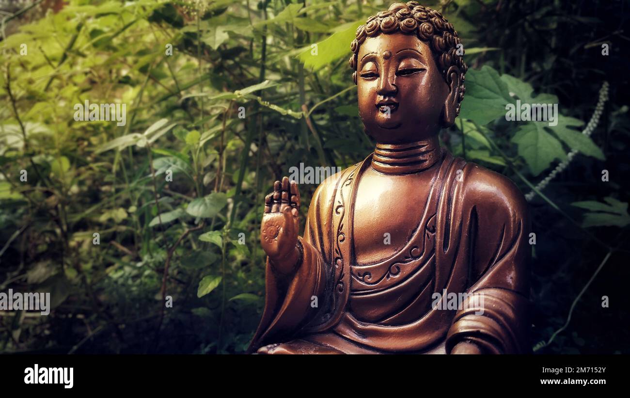 A brown buddha statue in meditation in the forest with green plants in ...