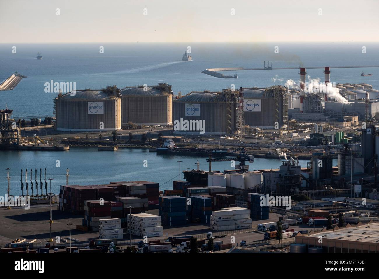 View from above of the industrial cargo port of Barcelona in Catalonia ...